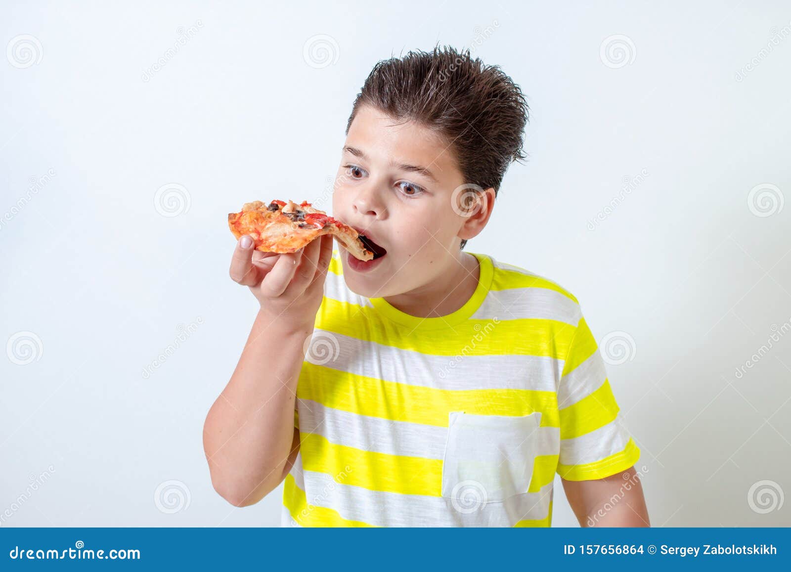 Little Boy Eating Pizza. Happy Child Dines Stock Photo - Image of child ...