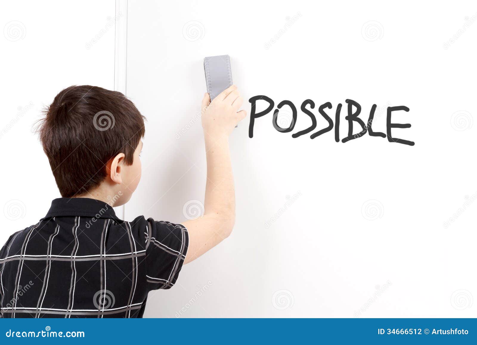 Happy Little Boy Erasing Text on White Board Stock Photo - Image of ...