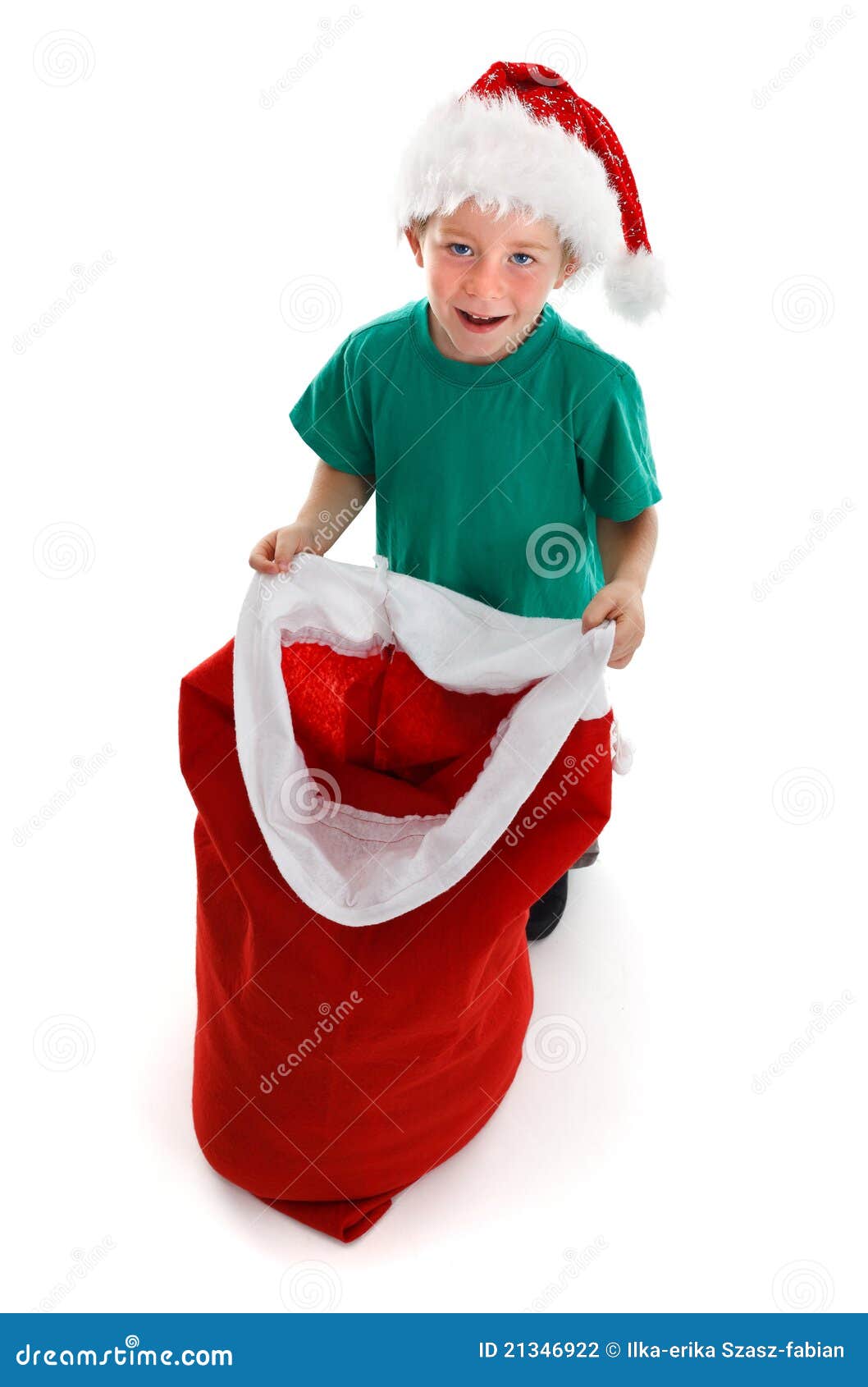Happy Little Boy Holding Open Santa Sack Stock Photo - Image of child ...