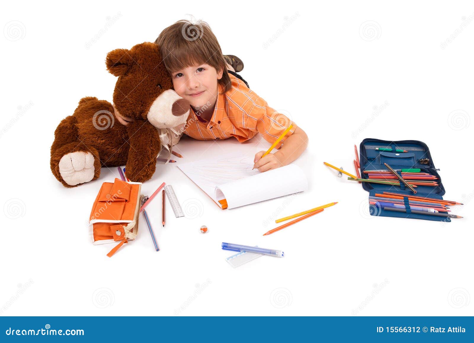 Happy Little Boy with Notebook and Teddy Bear Stock Photo - Image of ...