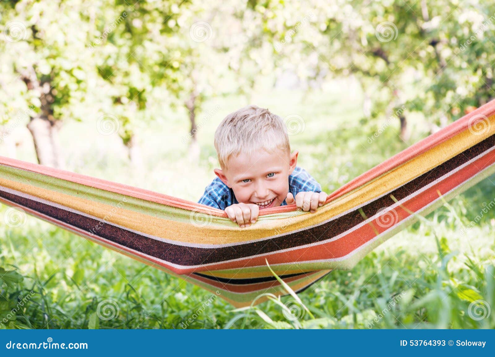 Happy Little Boy in Play Hammock into the Summer Garden Stock Image ...