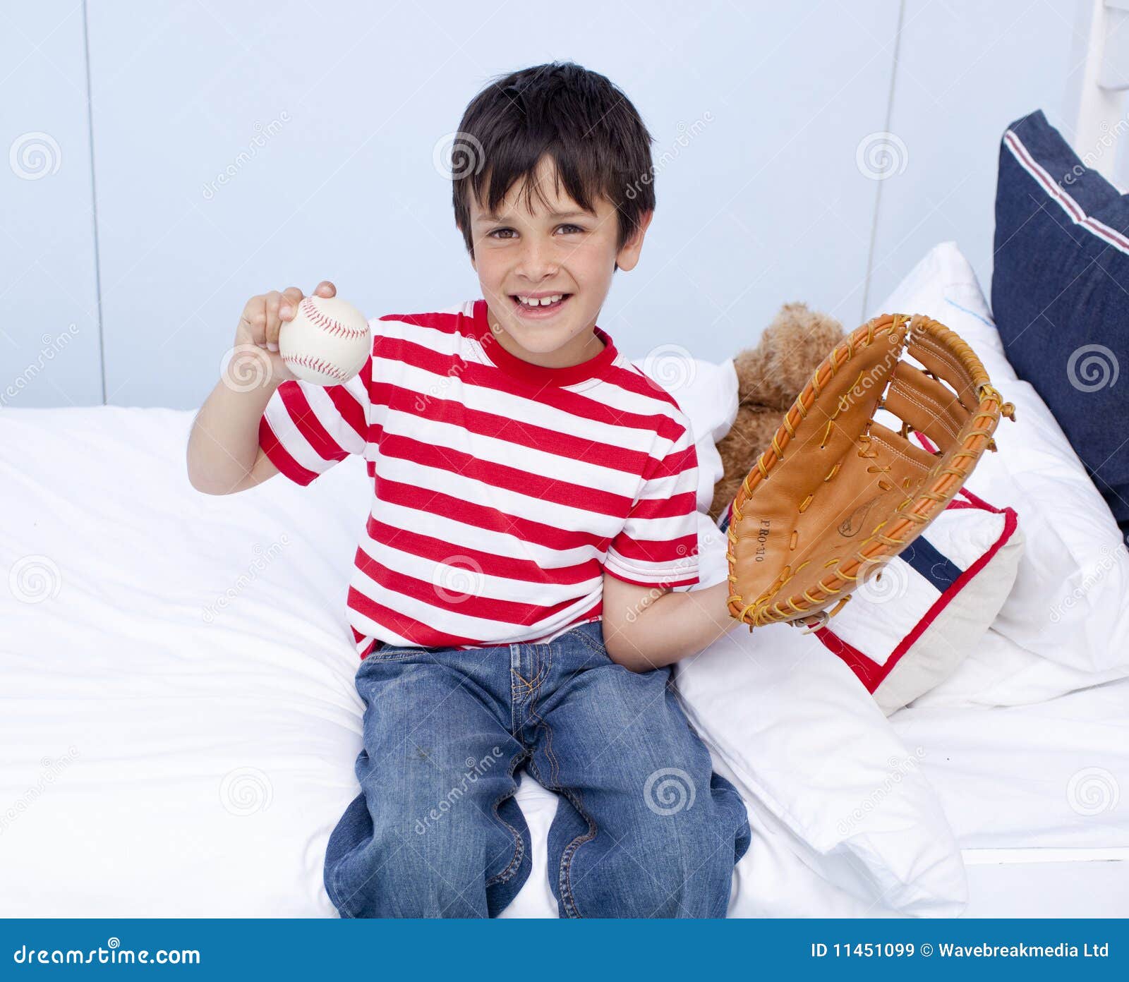 Happy Little Boy Playing Baseball in Bed Stock Image - Image of ...