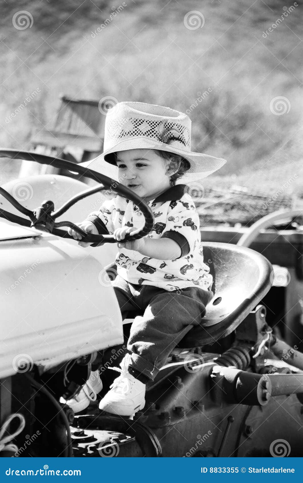 Happy Little Boy Playing on Old Tractor Vertical Stock Image - Image of ...