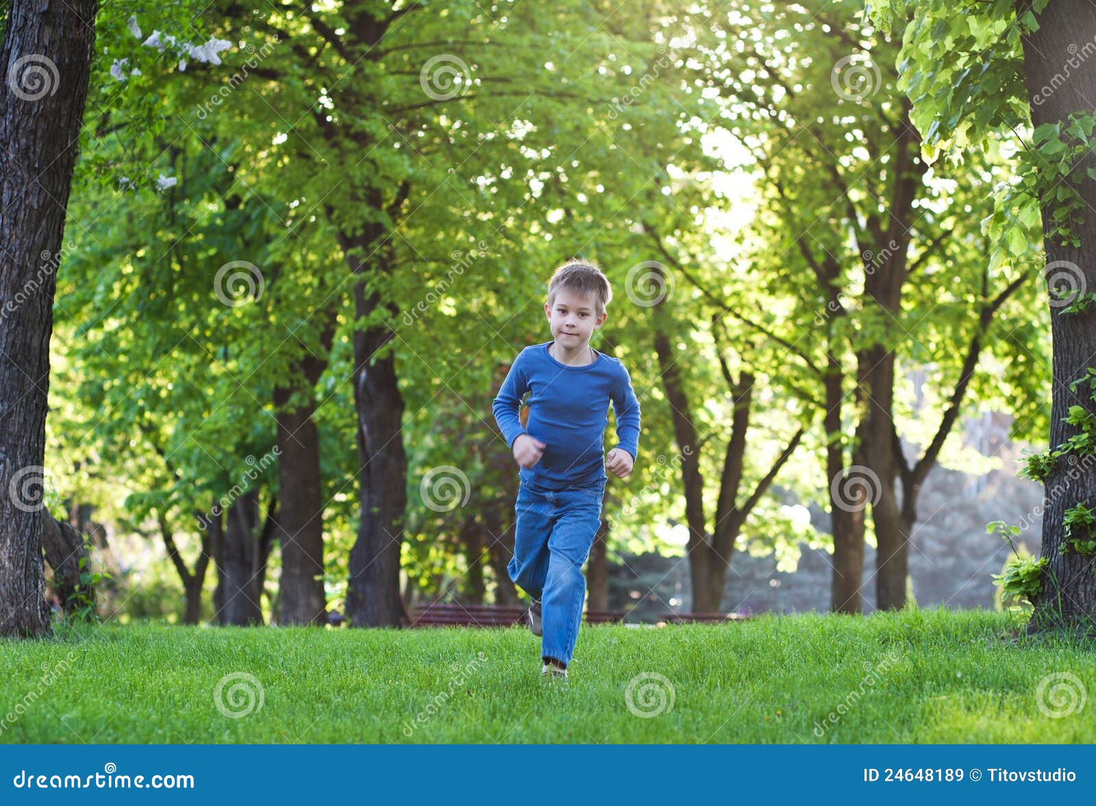 Happy Little Boy Raning on the Grass Stock Image - Image of look ...