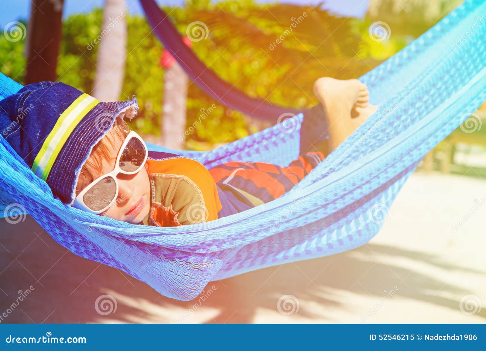 Happy Little Boy Relaxed in Hammock on the Beach Stock Image - Image of ...