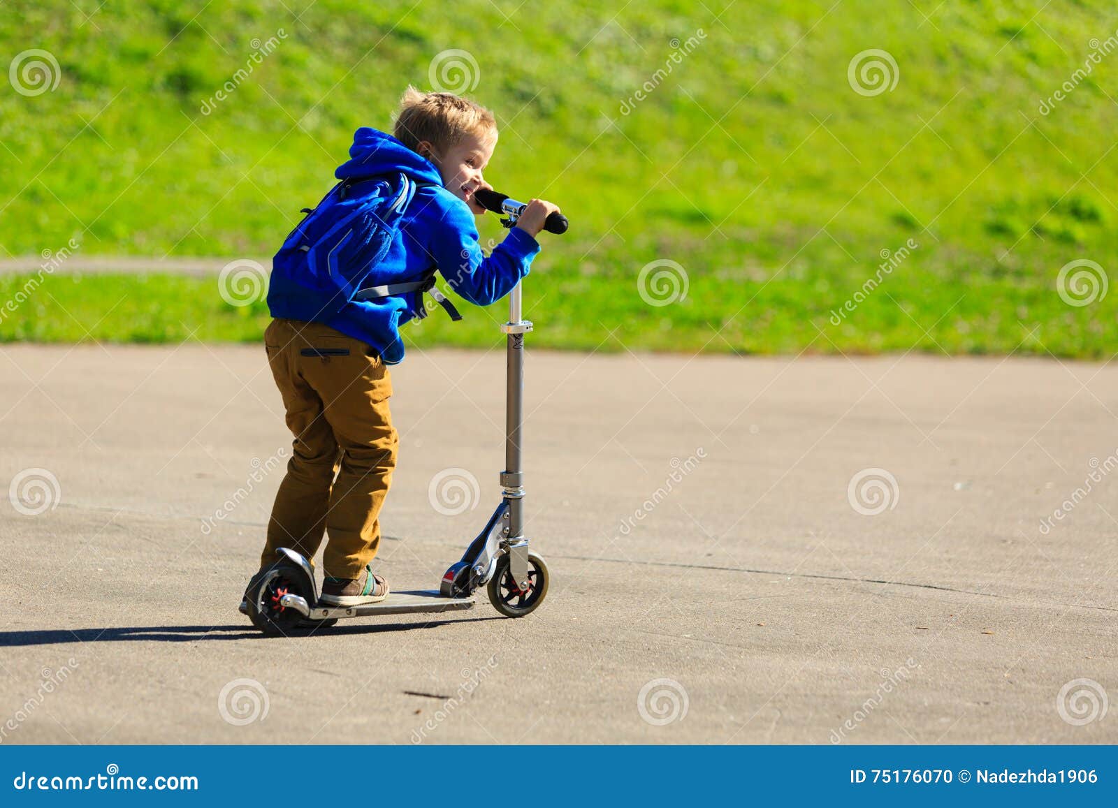 Happy Little Boy Riding Scooter, Active Kids Stock Photo - Image of ...