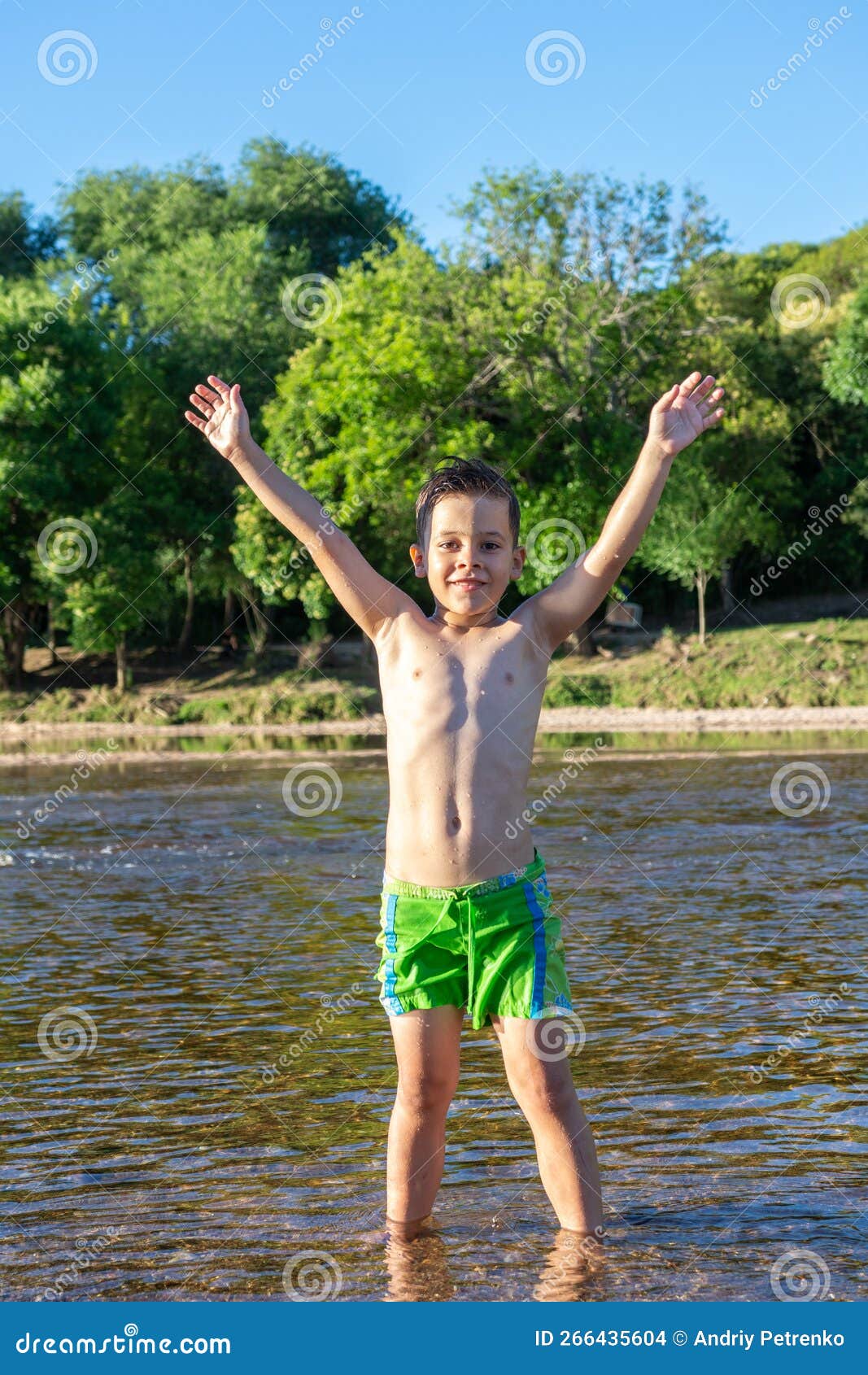 Happy Little Boy in the River Stock Photo - Image of sport, beach ...