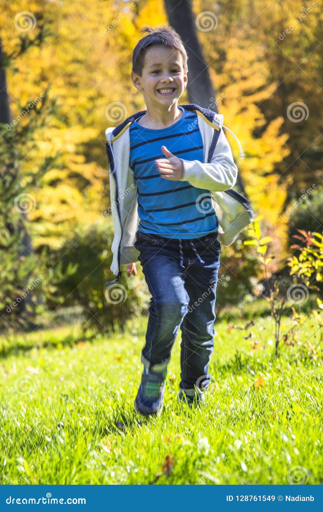 Happy Little Boy Run in the Autumn Park Stock Image - Image of nature ...