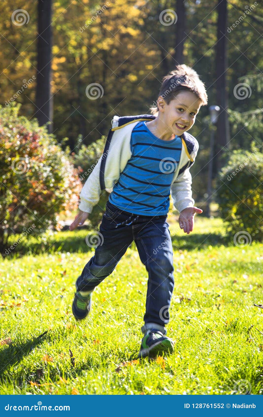 Happy Little Boy Run in the Autumn Park Stock Photo - Image of adorable ...