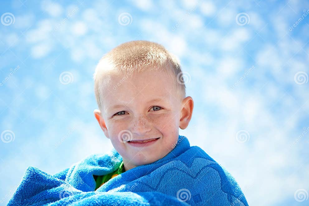 Happy Little Boy with a Sky Background Stock Image - Image of blonde ...
