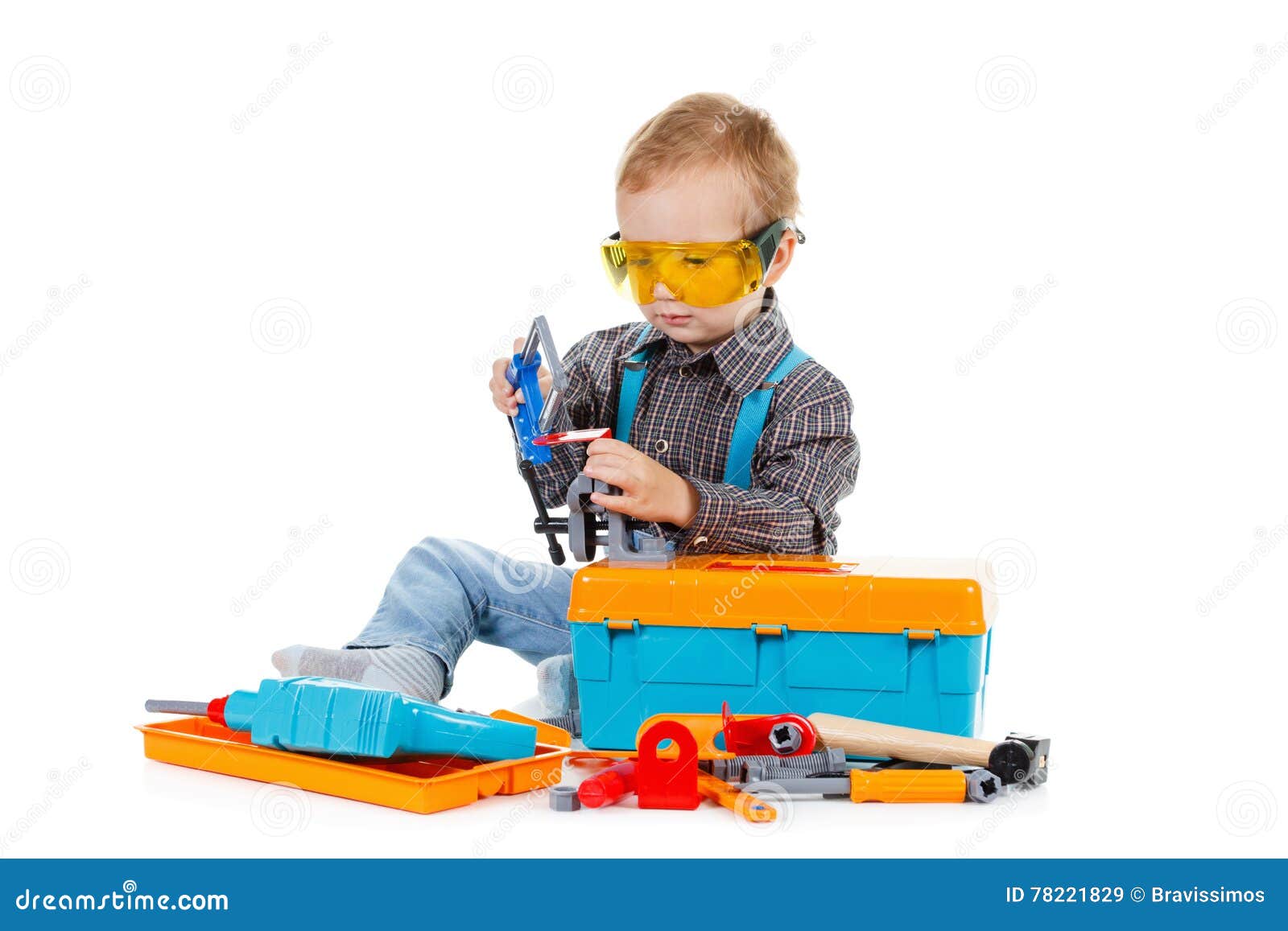 Happy Little Boy with Tools on White Background Stock Image - Image of ...