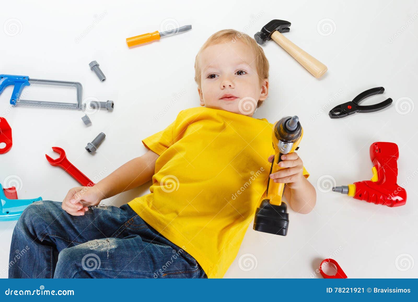 Happy Little Boy with Tools on White Background Stock Image - Image of ...