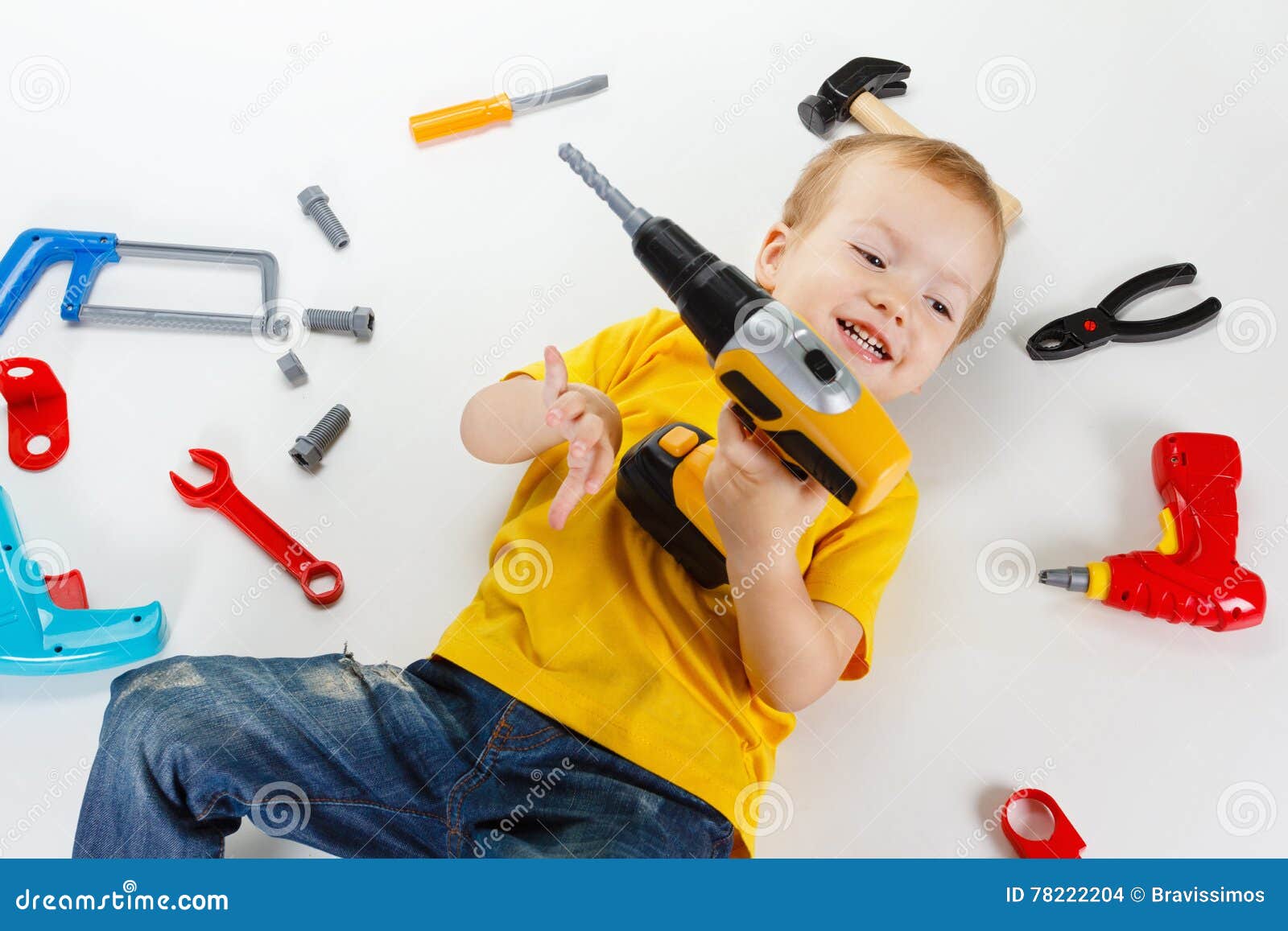 Happy Little Boy with Tools on White Background Stock Photo - Image of ...