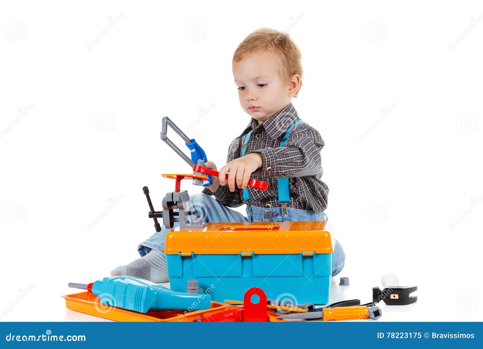 Happy Little Boy with Tools on White Background Stock Image - Image of ...