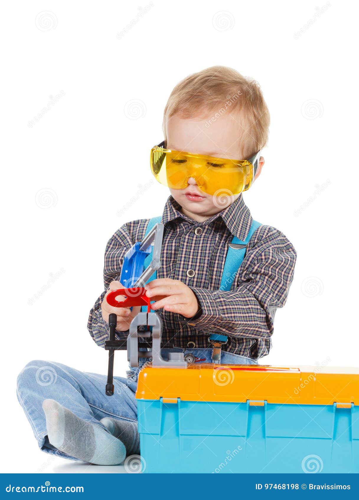 Happy Little Boy with Tools on White Background Stock Photo - Image of ...