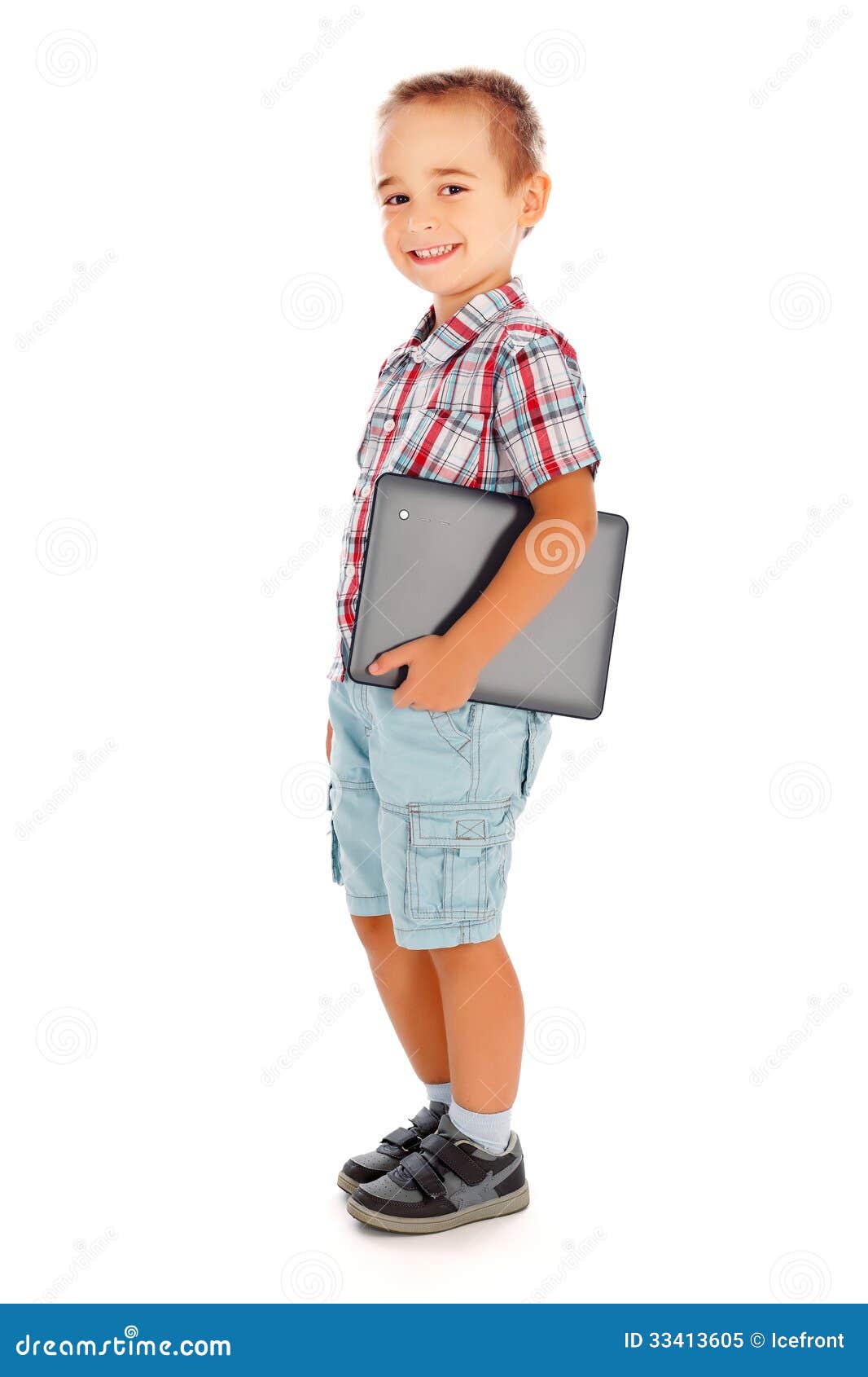 Happy Little Boy Walking with Tablet Pc Stock Image - Image of tablet ...