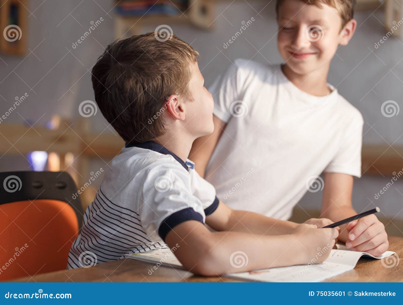 Happy Little Boys Solve Math Problem Smile Stock Image - Image of ...