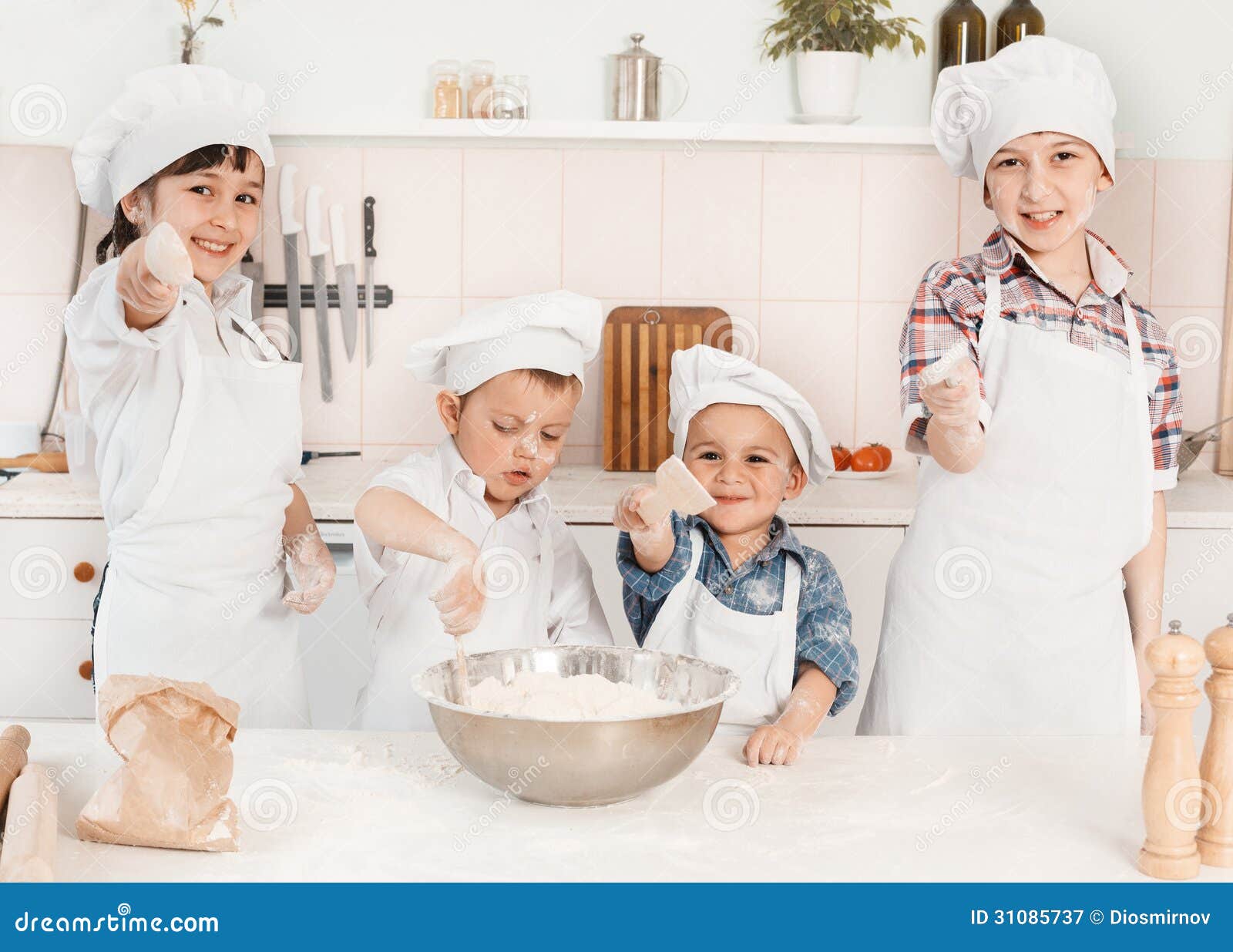 Happy Little Chefs Preparing Dough in the Kitchen Stock Image - Image ...