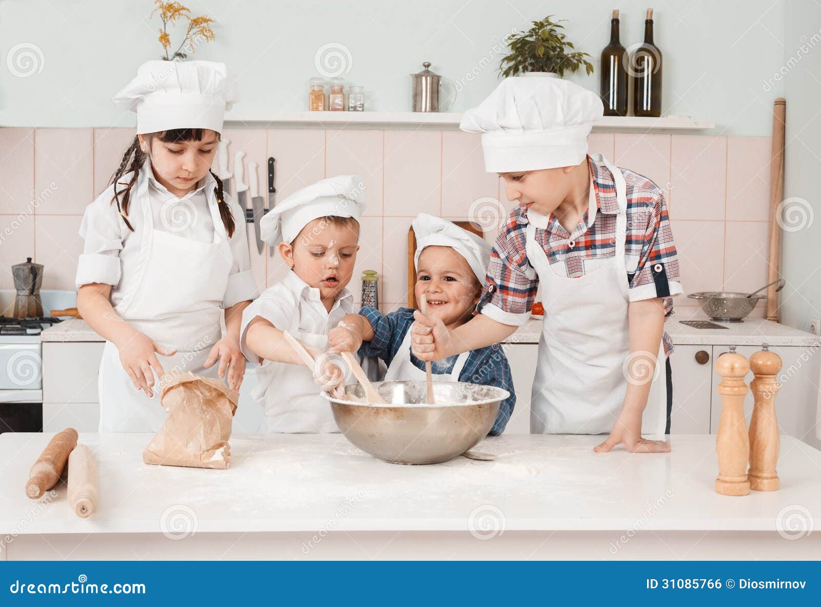 Happy Little Chefs Preparing Dough in the Kitchen Stock Photo - Image ...