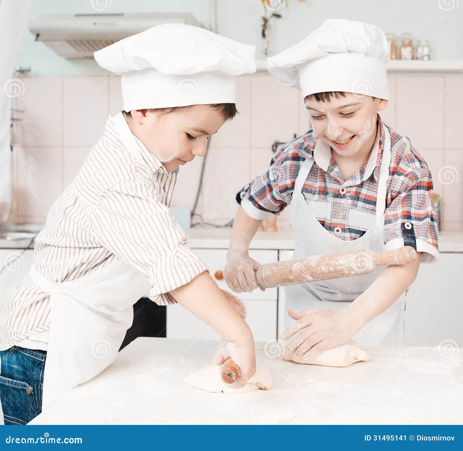 Happy Little Chefs Preparing Dough in the Kitchen Stock Image - Image ...