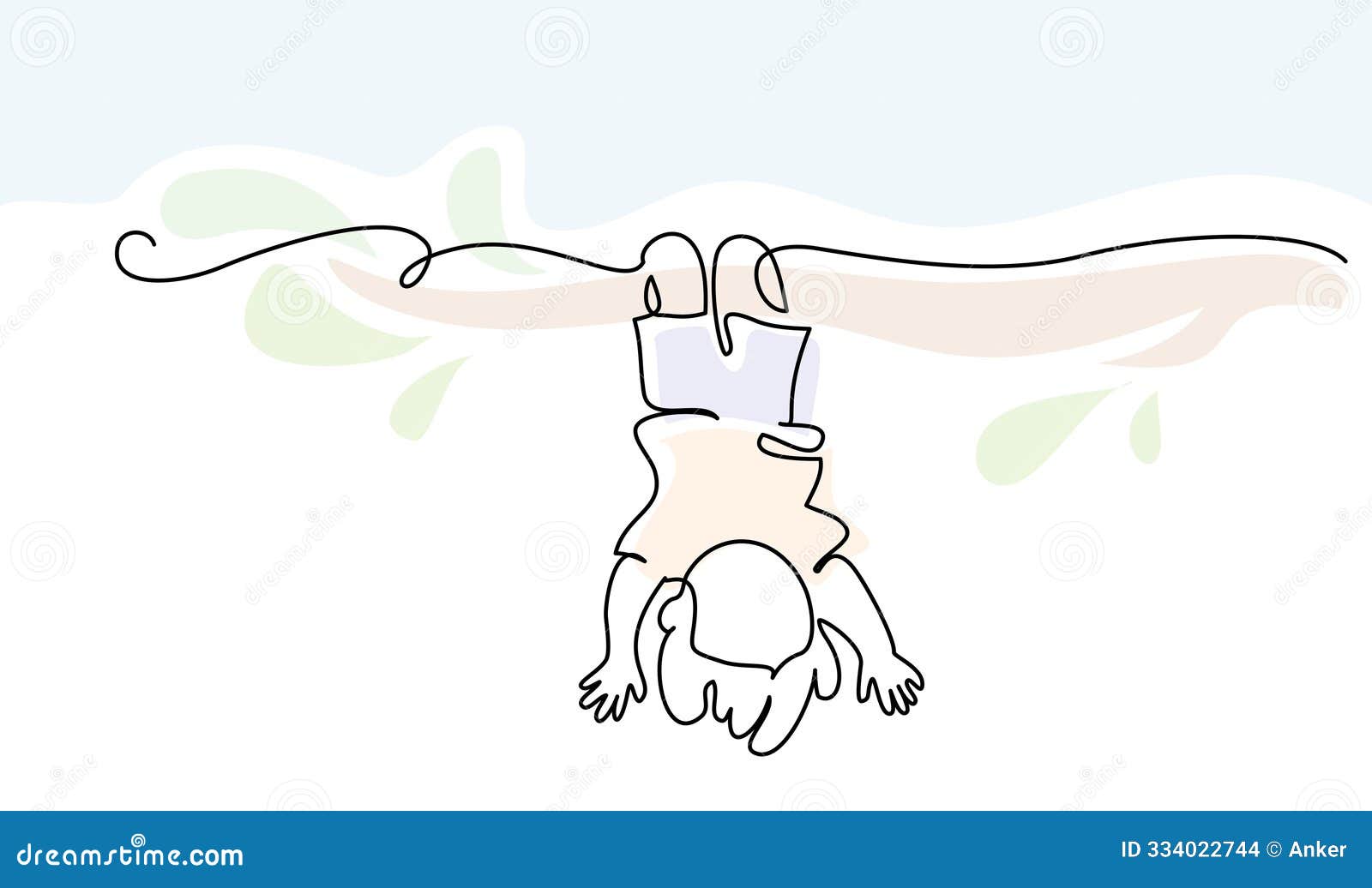 Happy Little Child Hanging Upside Down on Tree Branch. Continuous One ...