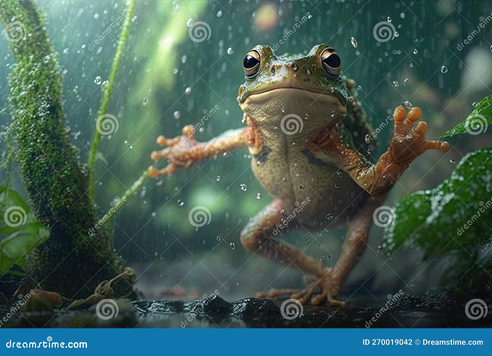 Happy Little Frog is Dancing in the Rain in the Woods Stock ...
