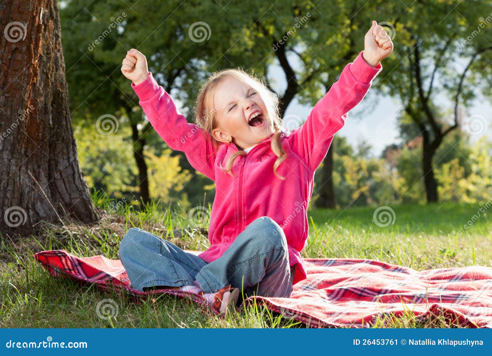 Happy Little Girl with Hands Up Stock Image - Image of cheerful ...