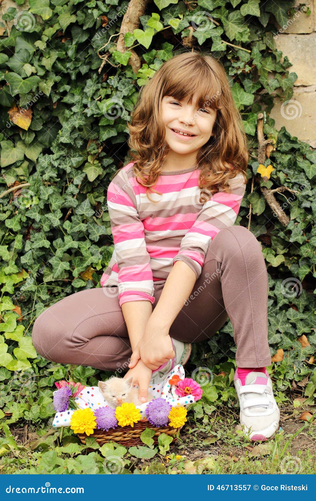 Happy Little Girl with Kitten Stock Image - Image of friendly, small ...