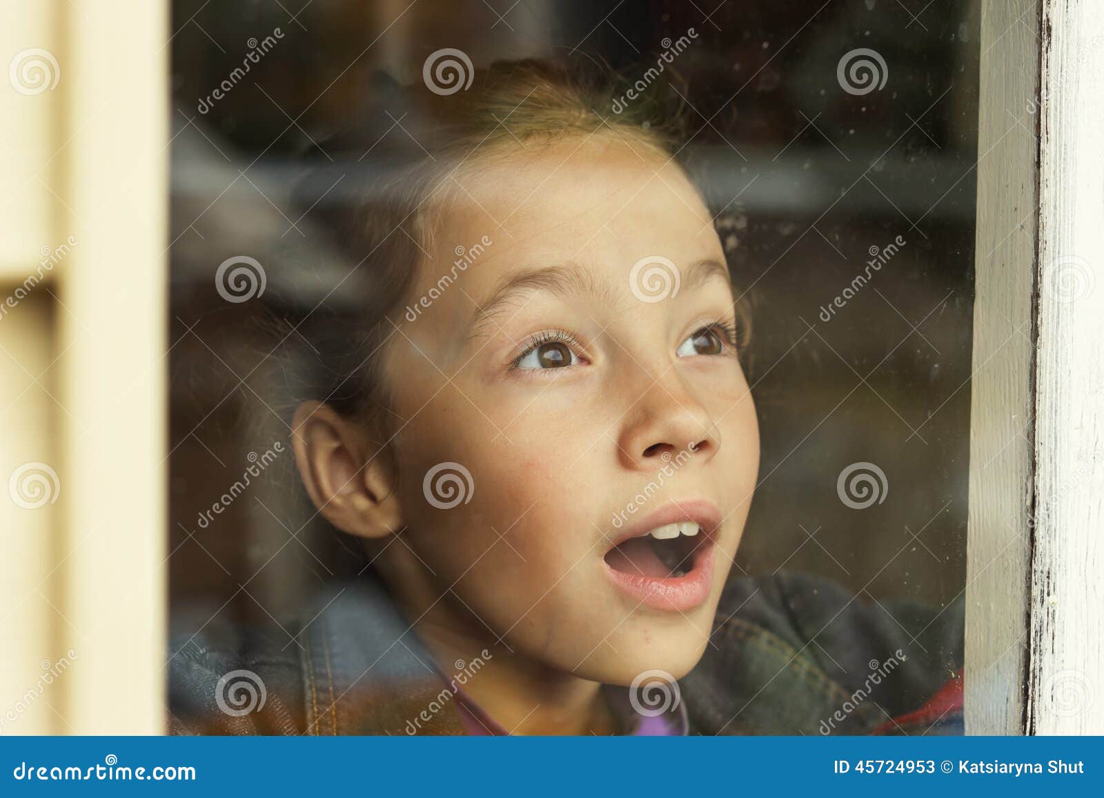 Happy Little Girl Looking through an Old Window Stock Image - Image of ...