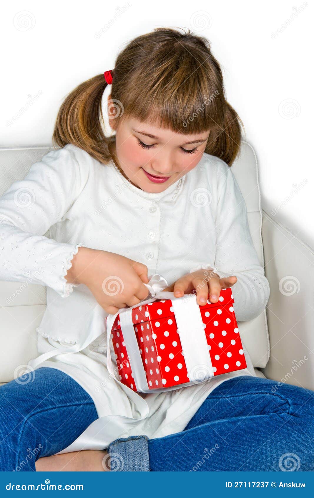 Happy Little Girl Opening a Present Stock Image - Image of female ...