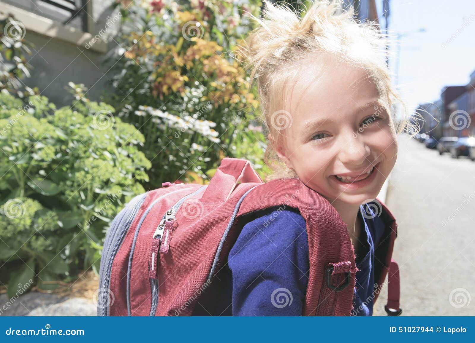 Happy Little Girl Outside with Backpack Stock Photo - Image of excited ...