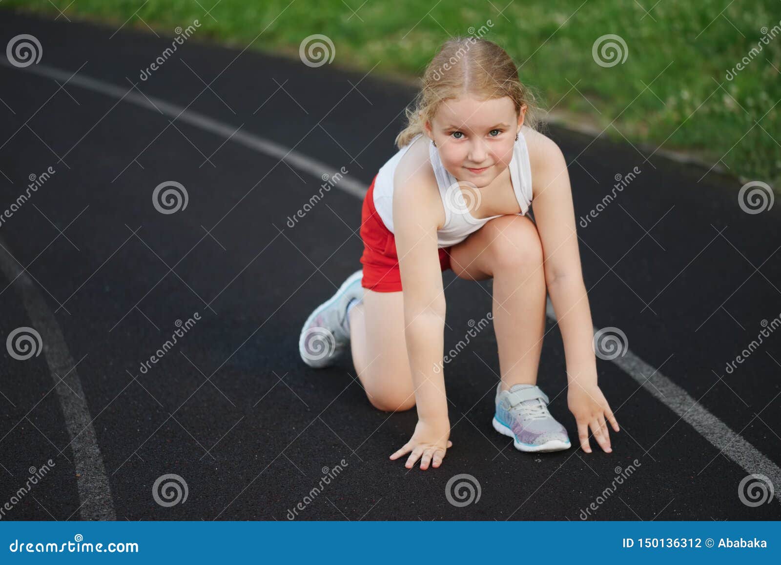 Happy Little Girl Running on the Stadium Stock Photo - Image of meet ...