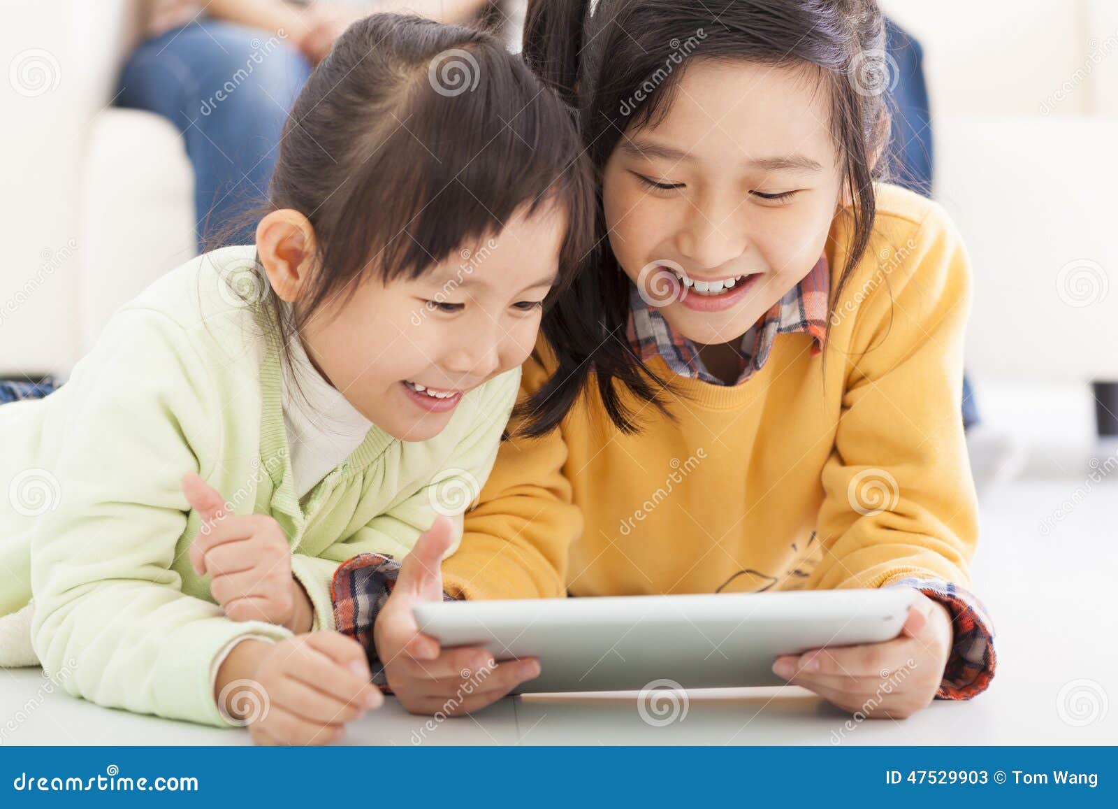 Happy Little Girls Using Tablet Stock Image - Image of chinese, home ...