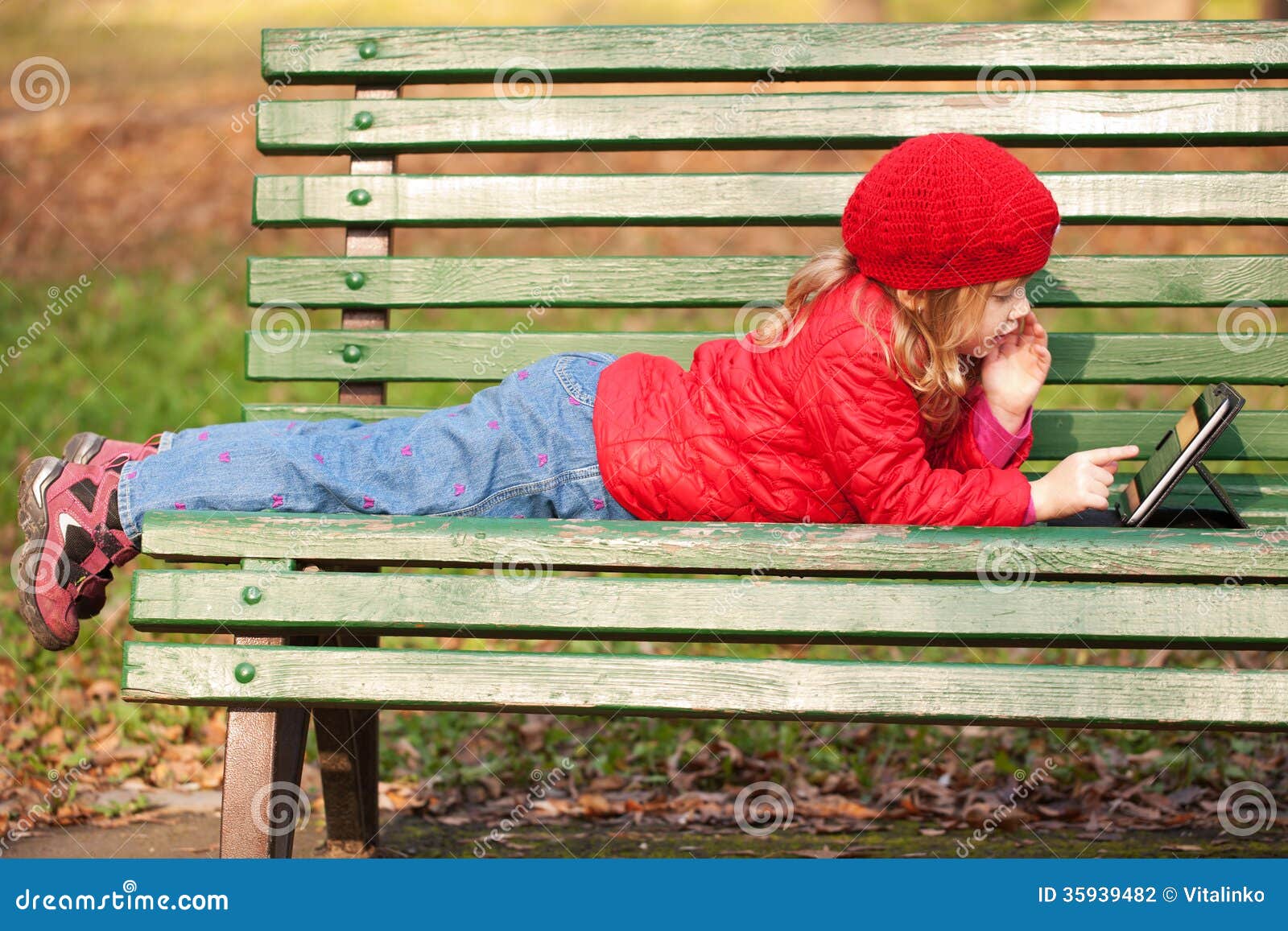 Happy Little Kid Working with Tablet Pc Stock Photo - Image of media ...