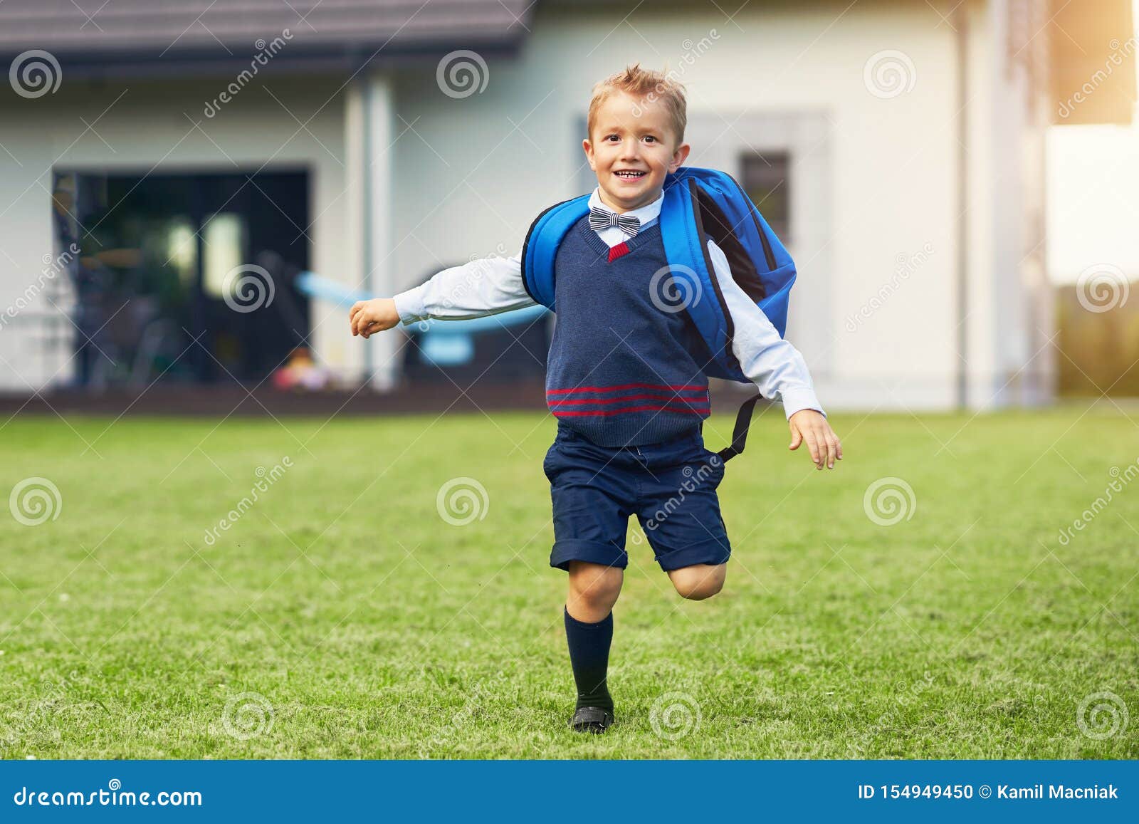 Happy Little Preschool Kid Boy with Backpack Posing Outdoors Stock ...