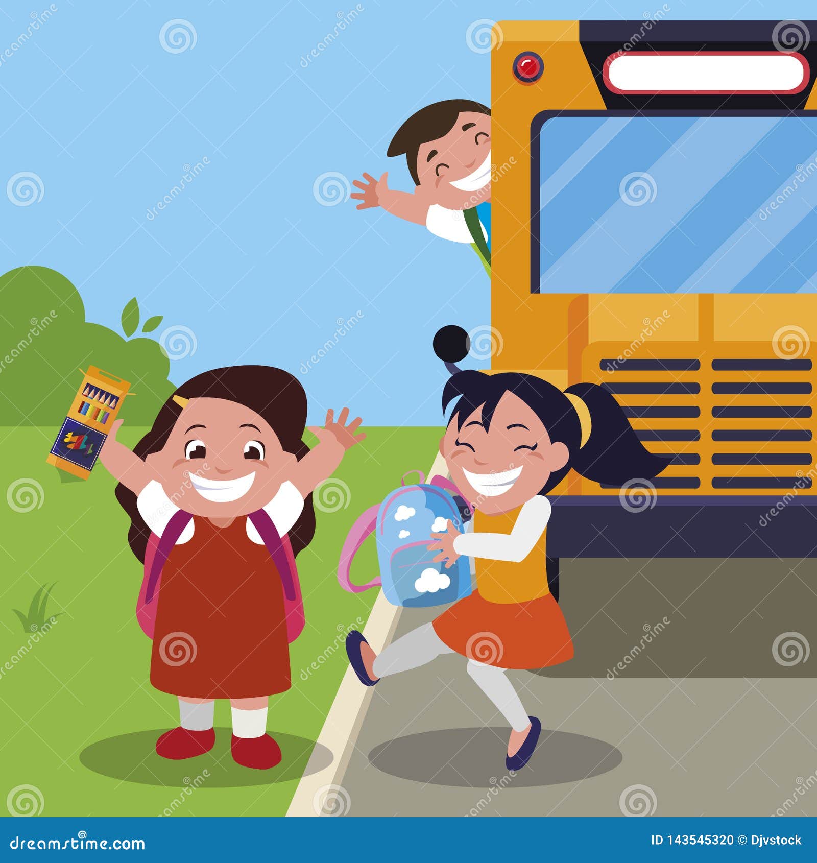 Happy Little School Kids in the Bus Stop Stock Illustration ...
