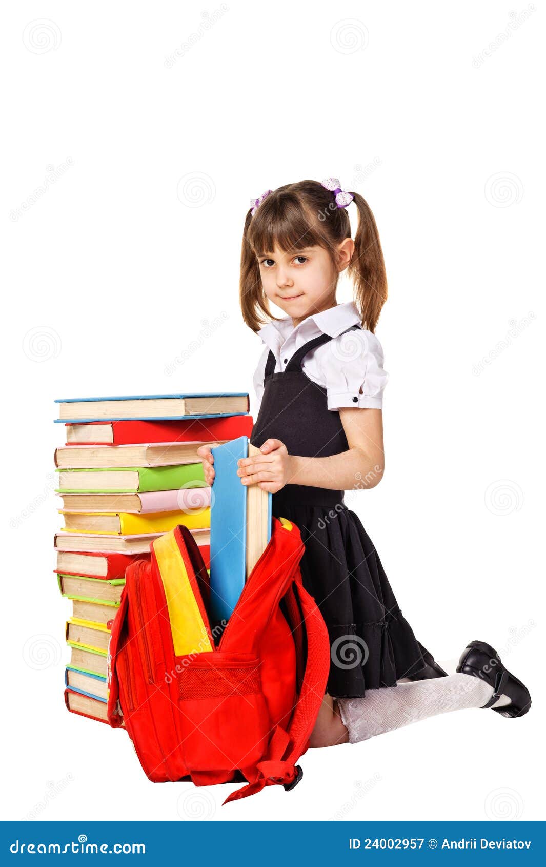 Happy Little Schoolgirl with a Stack of Books Stock Image - Image of ...