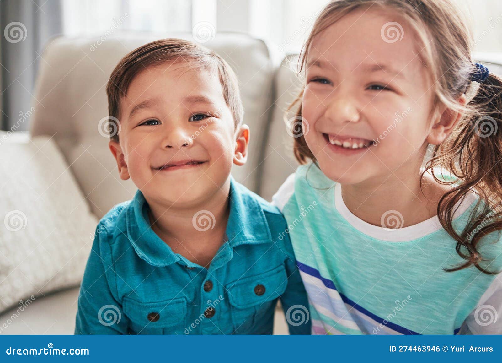 Happy Little Siblings. Portrait of Two Happy Little Siblings at Home ...