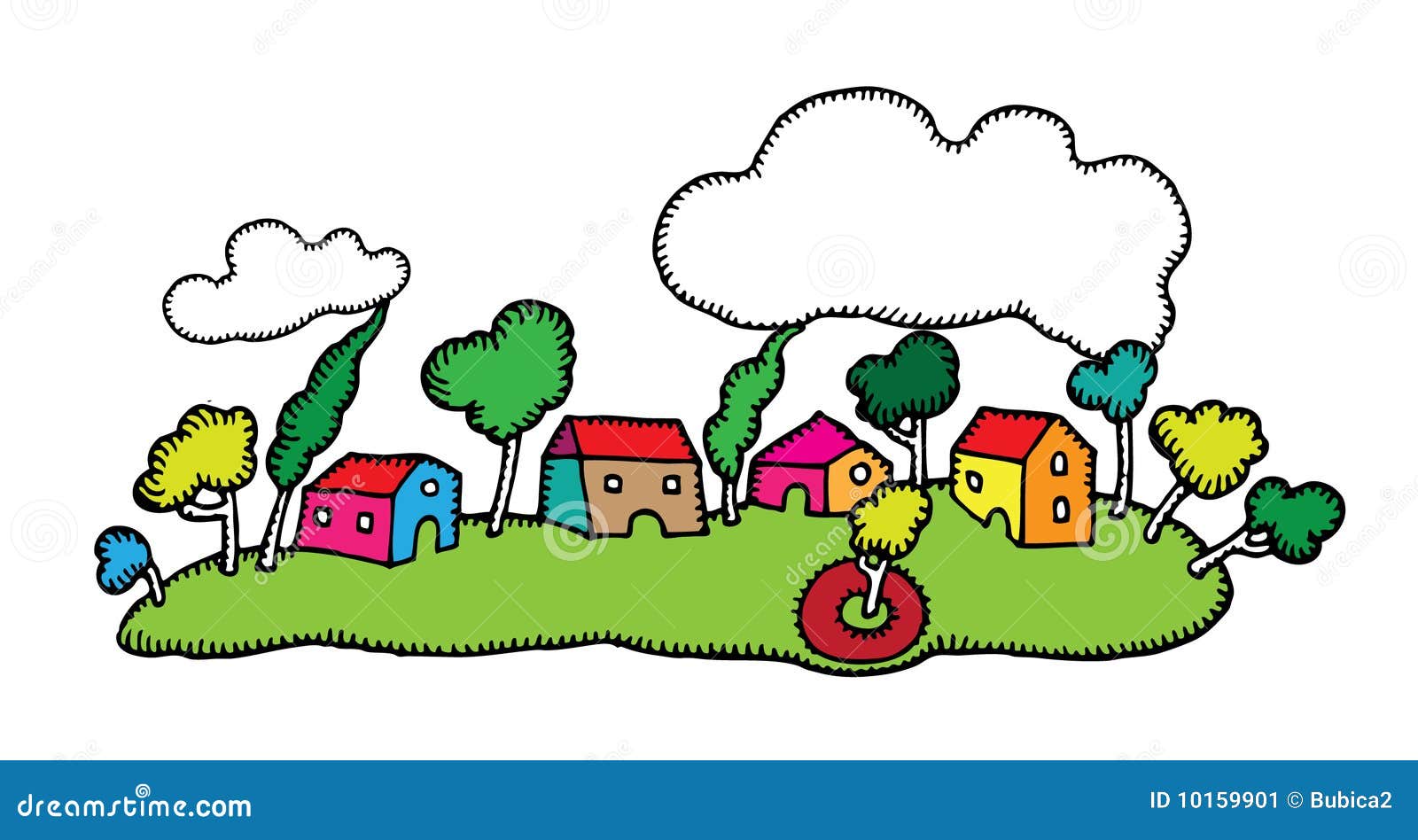 Happy Little Village Landscape Drawing Stock Vector - Illustration of ...