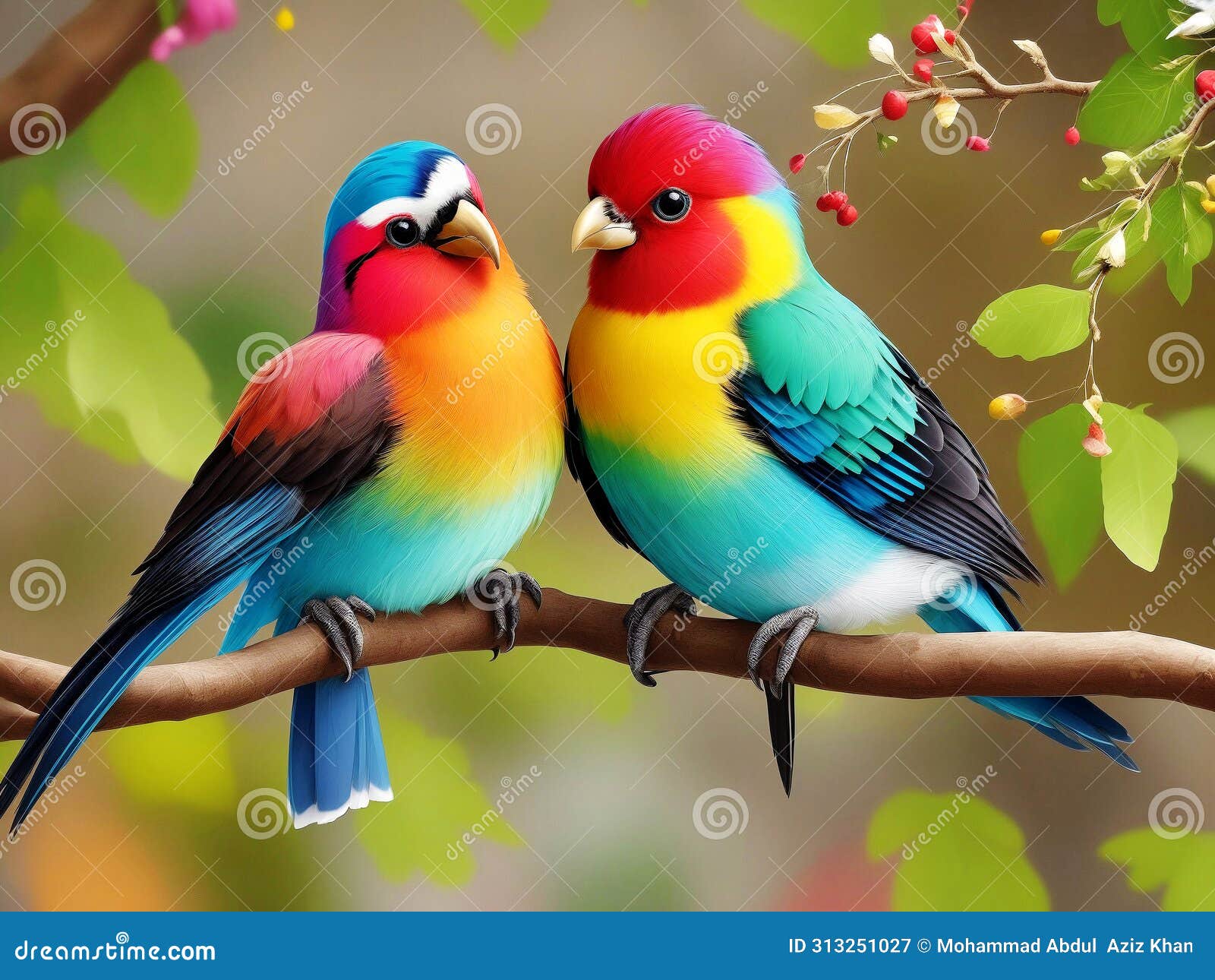 A Couple of Animals, Two Cute Birds Fall in Love Sitting on Branch ...