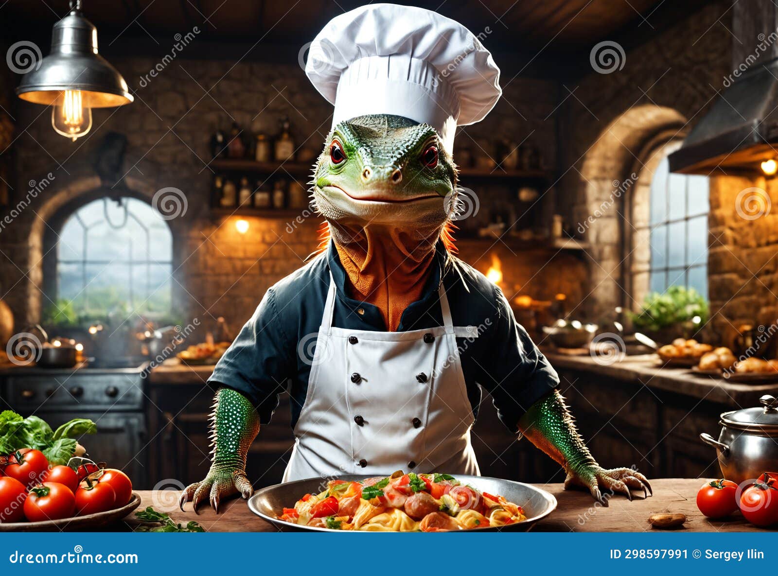 Happy Lizard in a Chef Hat Coocking Food. Generative AI Stock ...