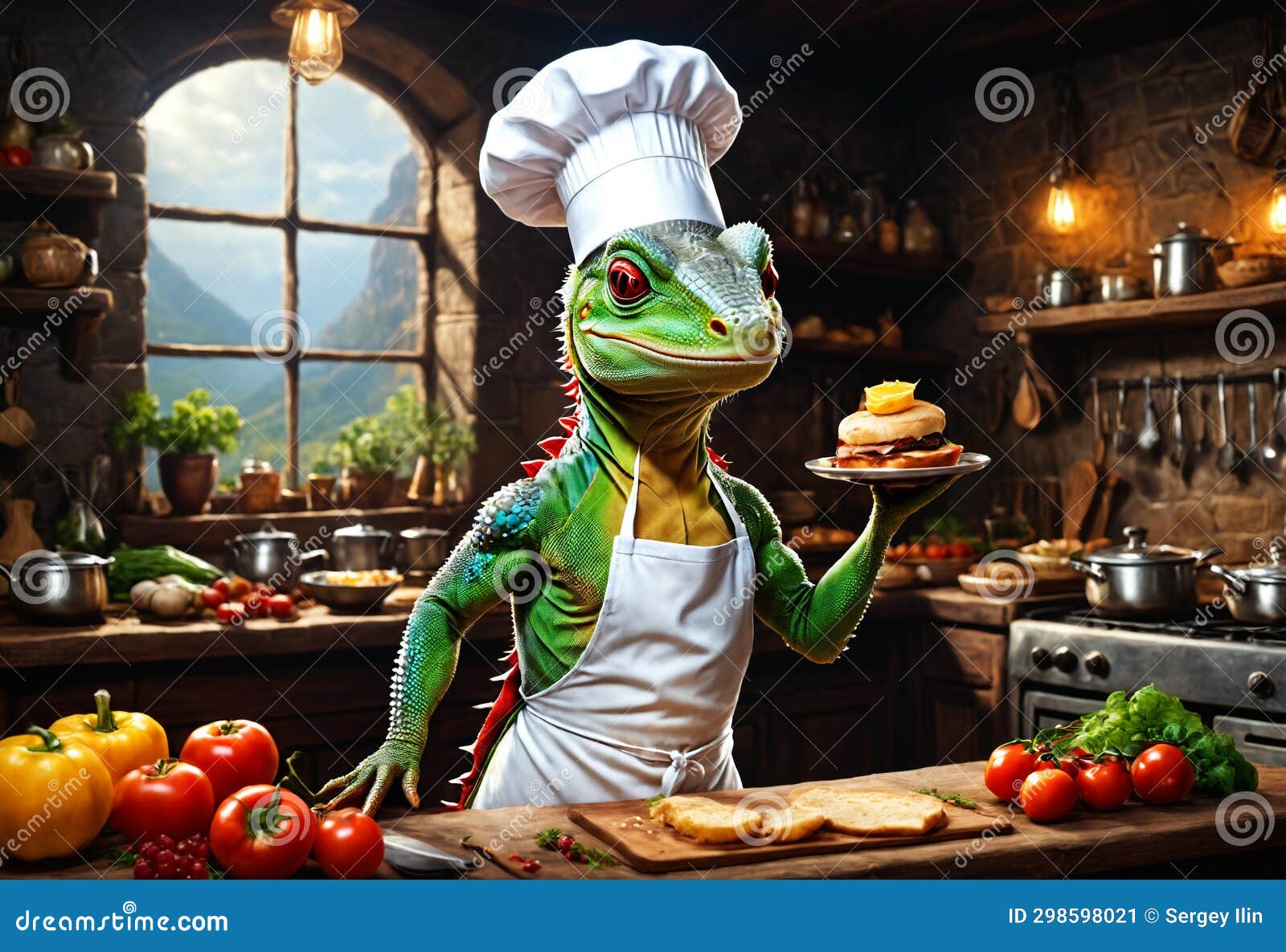 Happy Lizard in a Chef Hat Coocking Food. Generative AI Stock ...