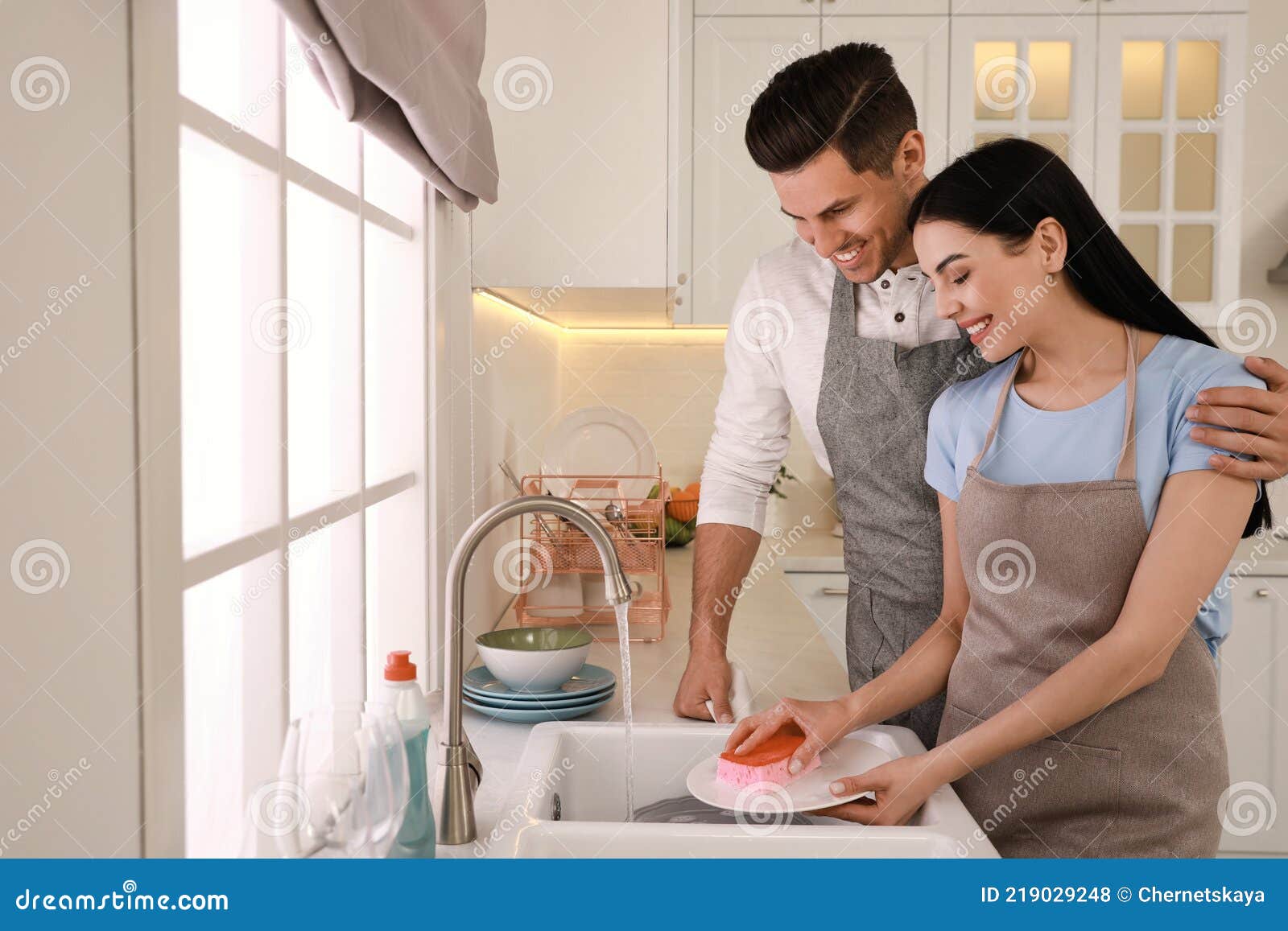 Happy Lovely Couple Washing Dishes in Kitchen Stock Photo - Image of ...