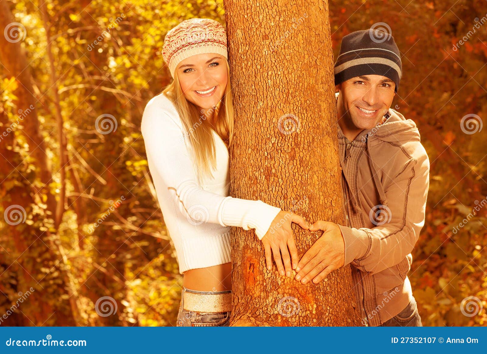 Happy Lovers in Autumn Forest Stock Image - Image of outside ...