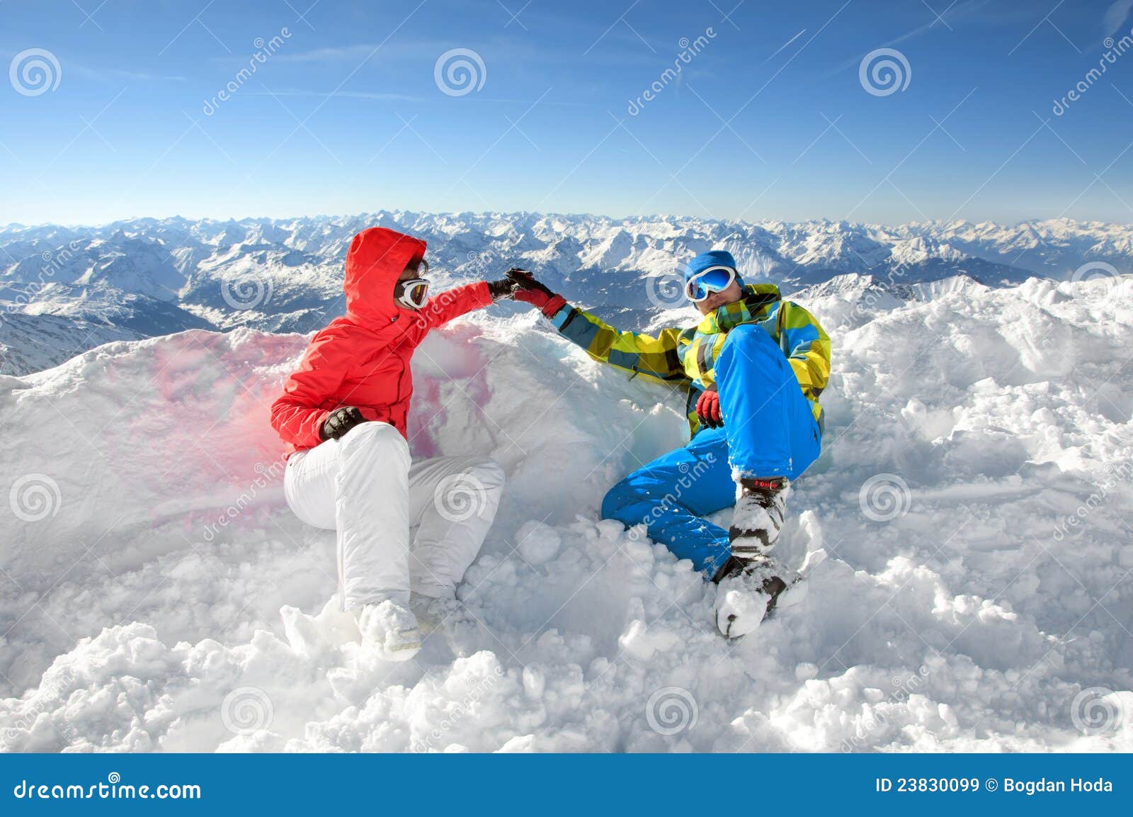Happy Lovers Holding Hands on the Top of a Ski Slo Stock Image - Image ...