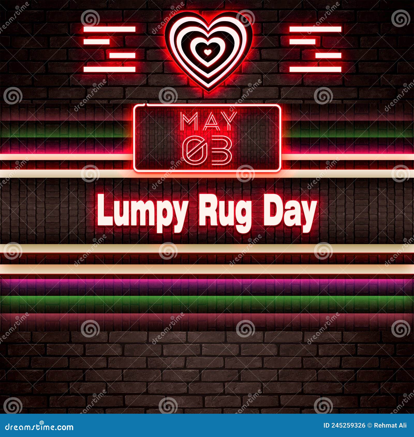 03 May, Lumpy Rug Day, Neon Text Effect on Bricks Background Stock ...