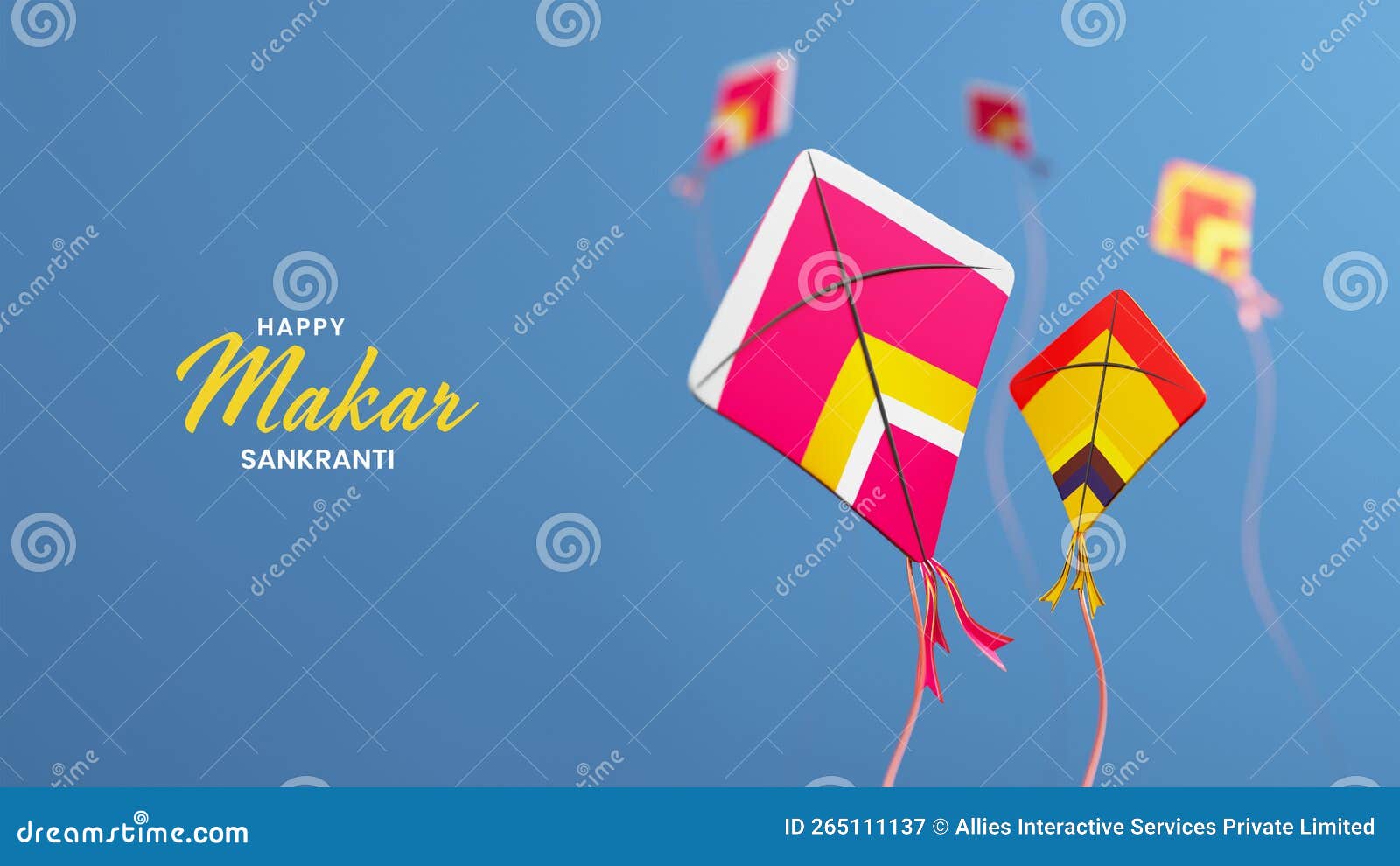 Happy Makar Sankranti Banner Design with 3D Render Flying Kites on Blue ...