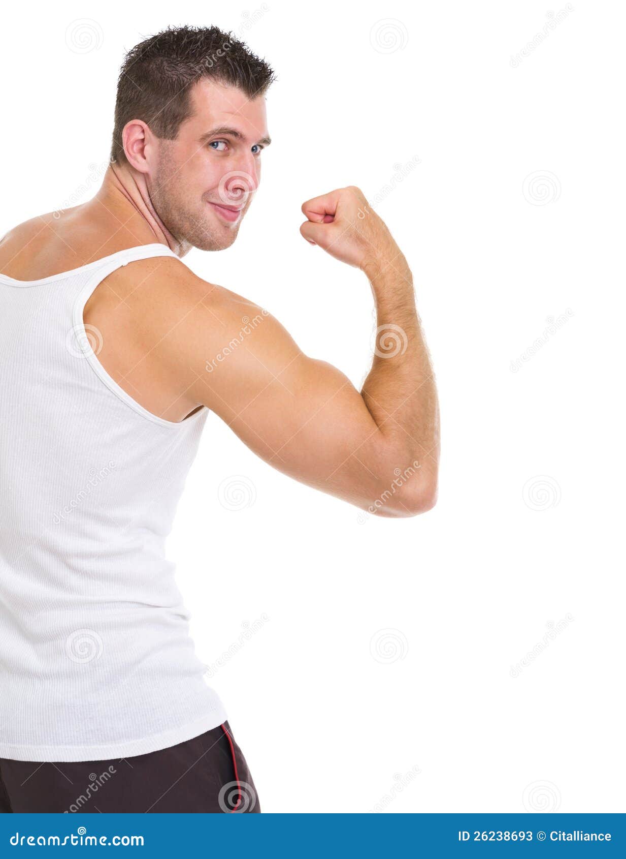 Happy Male Athlete Showing Biceps Stock Image - Image of athlete ...