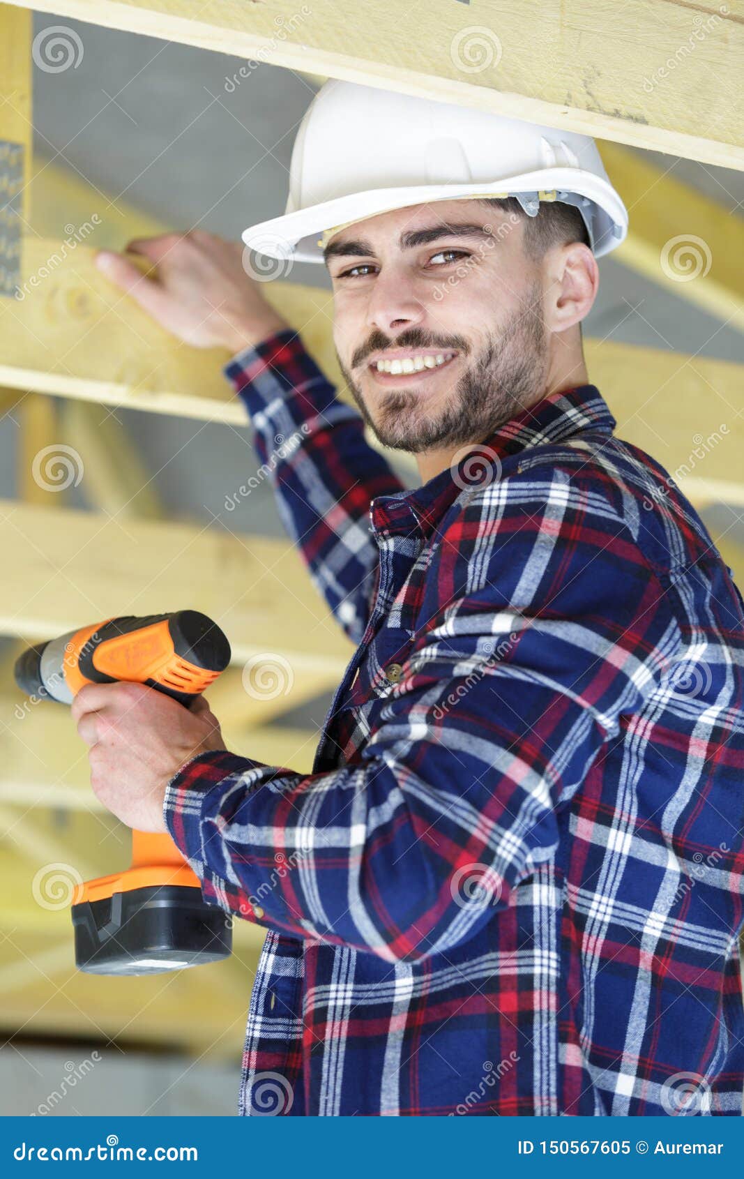 Happy Male Builder Working on Wooden Frame House Stock Image - Image of ...