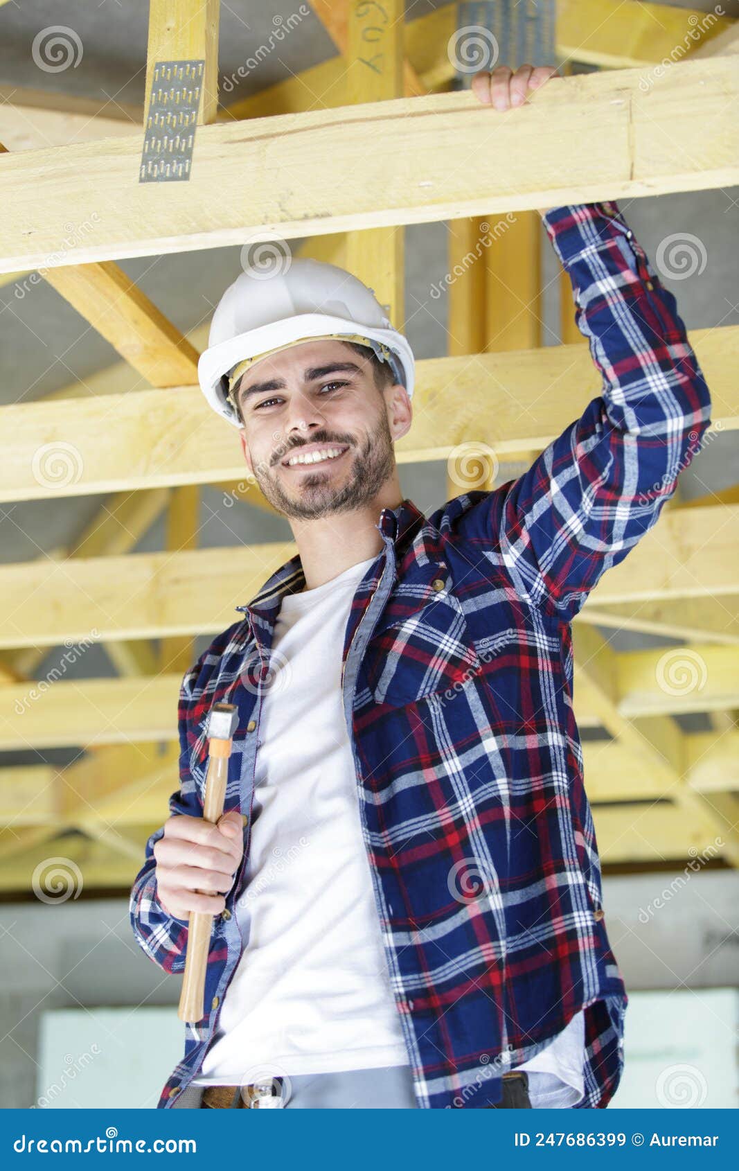 Happy Male Builder Working on Wooden Structure Stock Image - Image of ...